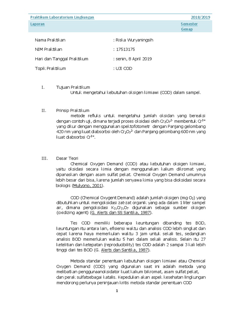 Laporan Praktikum Laboratorium Lingkungan Uji COD | PDF