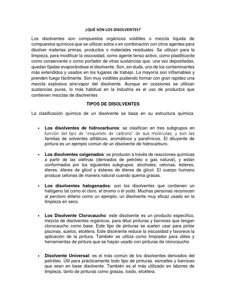 Tipos y Usos de Disolventes Químicos | PDF | Solvente | Hidrocarburos