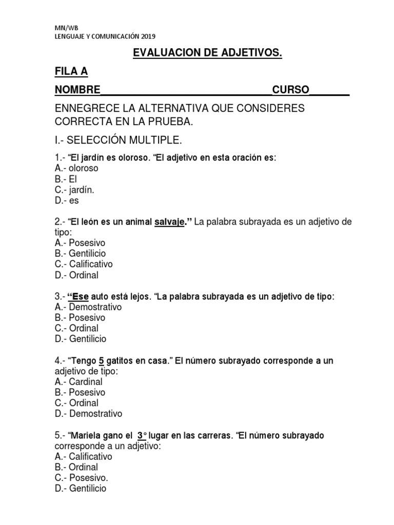 Evaluacion de Adjetivos | PDF | Adjetivo | Mecánica del lenguaje