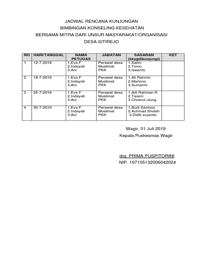 Jadwal Rencana Kunjungan Kopipu Eva Juli | PDF