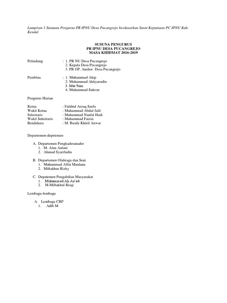 Lampiran 1 Susunan Pengurus PR IPNU Desa Pucangrejo Berdasarkan Surat Keputusan PC IPNU Kab | PDF