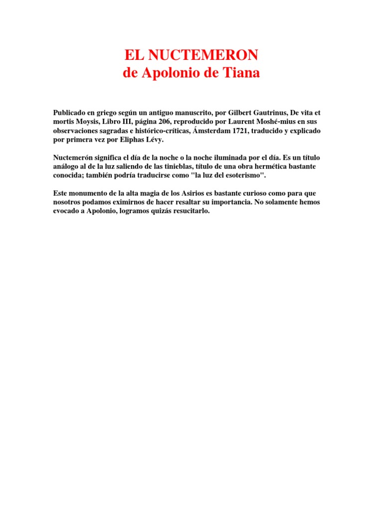 El Nuctemeron de Apolonio de Tiana | PDF | Religión y creencia