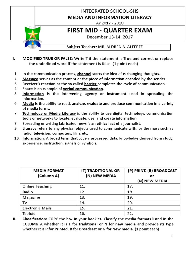 First Mid - Quarter Exam: Media and Information Literacy | PDF | Mass ...