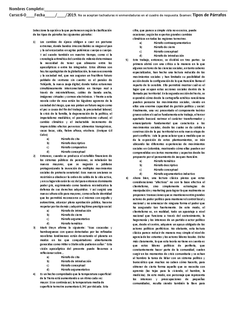 Examen Tipos de Párrafos | PDF | Votación | Sociedad