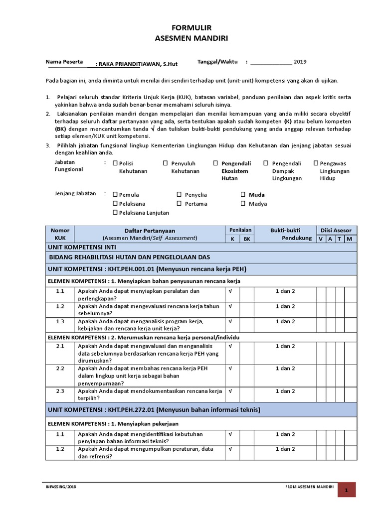 Contoh Form Asesmen Mandiri PEH Kelengkapan Ujian Kompetensi | PDF