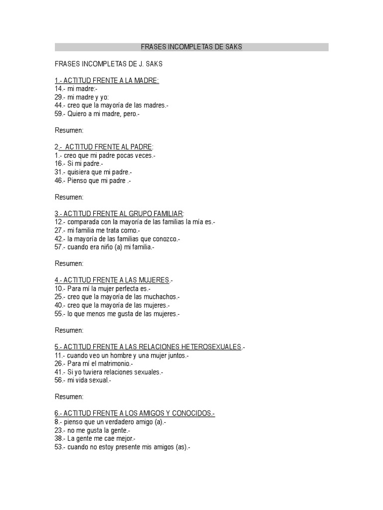 Frases Incompletas de Saks Adultos Facilitador | PDF | Violencia ...
