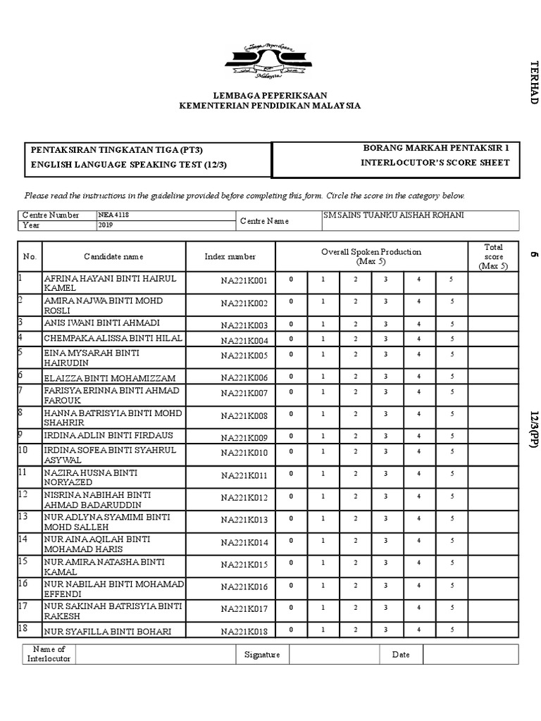 Assessor and Interlocutor Scoresheet | PDF | Linguistics | Semiotics