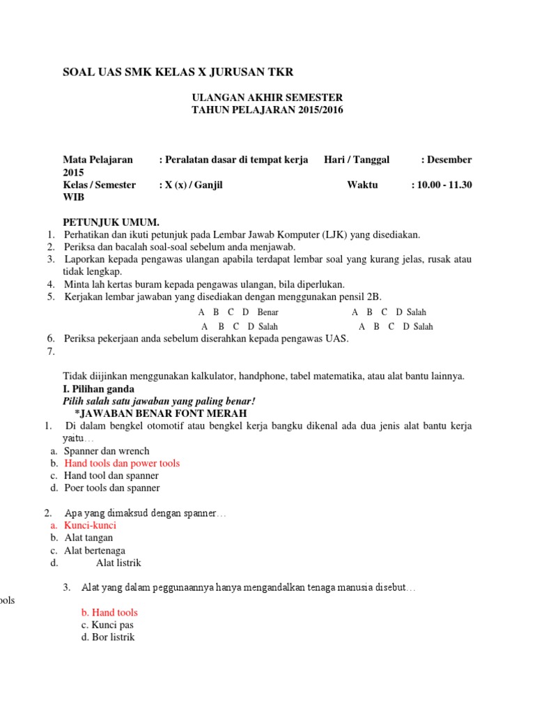 Soal Uas SMK Kelas X Jurusan TKR | PDF