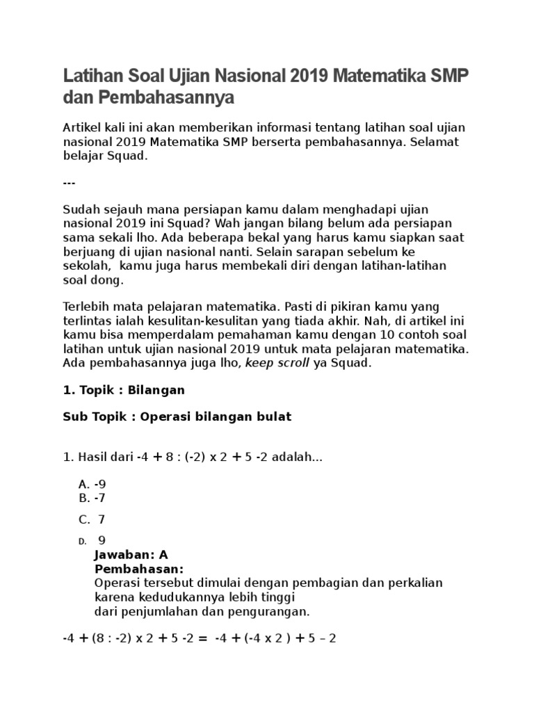 Latihan Soal Ujian Nasional 2019 Matematika SMP Dan Pembahasannya | PDF | Metode & Bahan Ajar ...