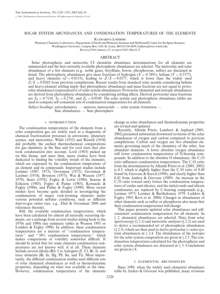 Solar System Abundances and Condensation Temperatures of The Elements ...