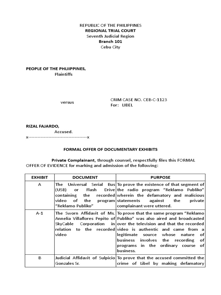 Formal Offer of Evidence in Libel Case | PDF | Defamation | Affidavit