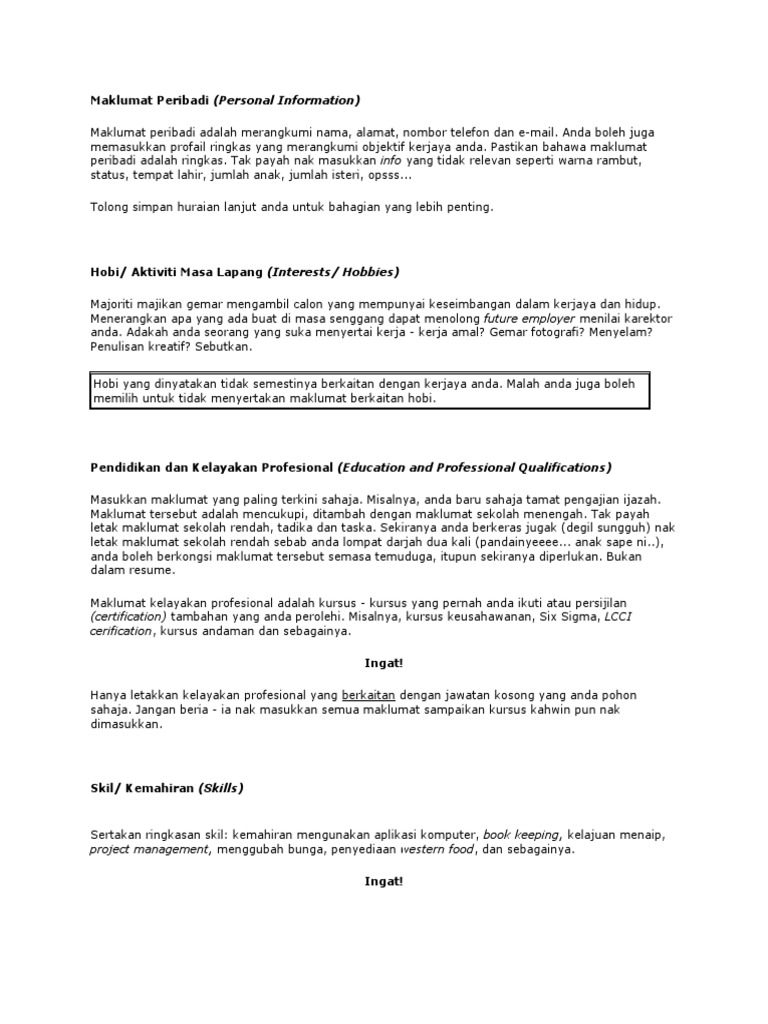 Contoh Penulisan Resume - Bahasa Melayu | PDF
