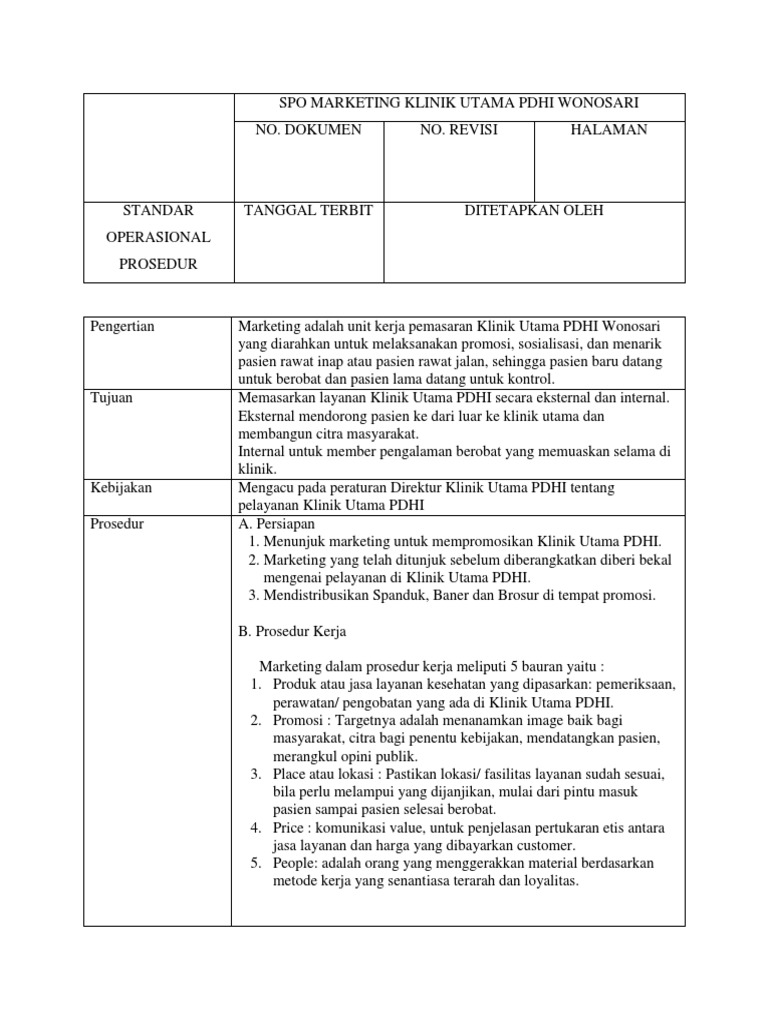 SOP Pemasaran Klinik PDHI Wonosari | PDF