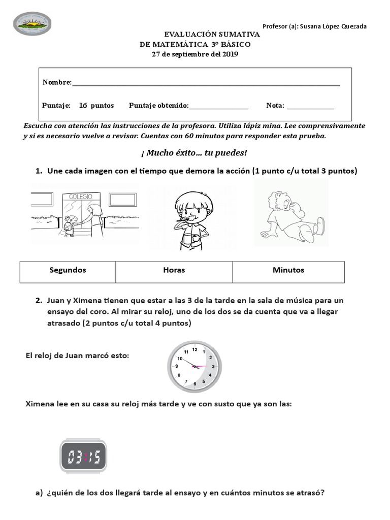PRUEBA de La Hora Tercero | PDF | Reloj | Prueba / examen