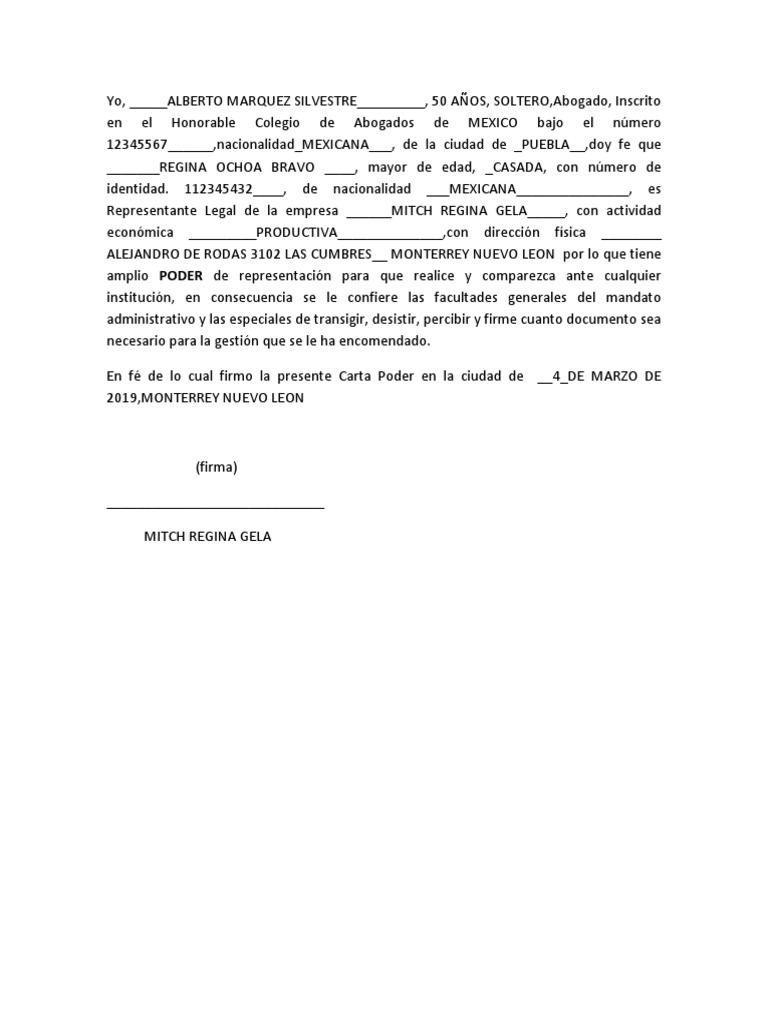 Carta Poder Acreditando A Un Representante Legal | PDF