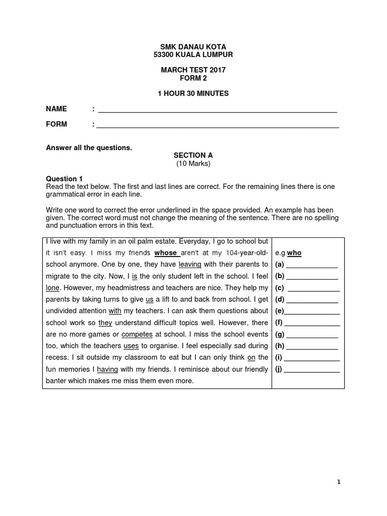 English Form 2 March Test 2017 | PDF
