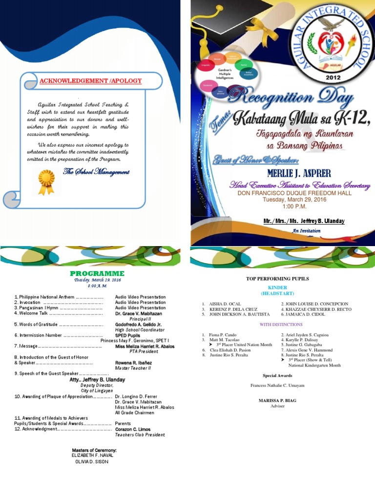 Aguilar Integrated School Donor Appreciation and Recognition Program | PDF