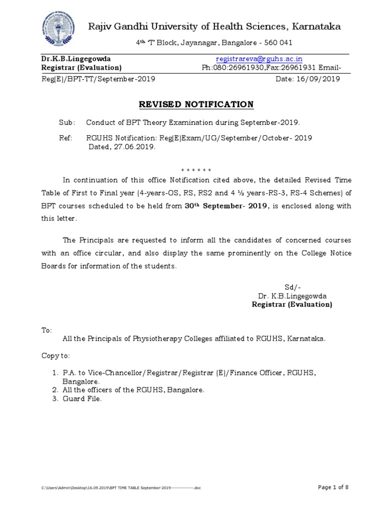 Revised Notification and Time Table For Conduct of Conduct of BPT ...