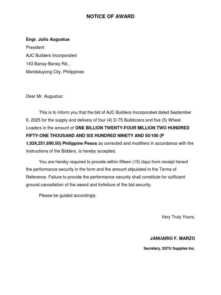 Notice of Award: Engr. Julio Augustus | PDF