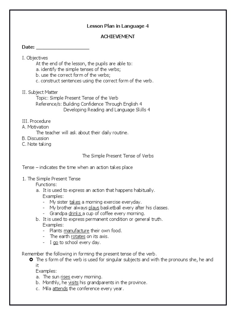 Lesson Plan in Language 4 Present Tense | PDF | Subject (Grammar ...