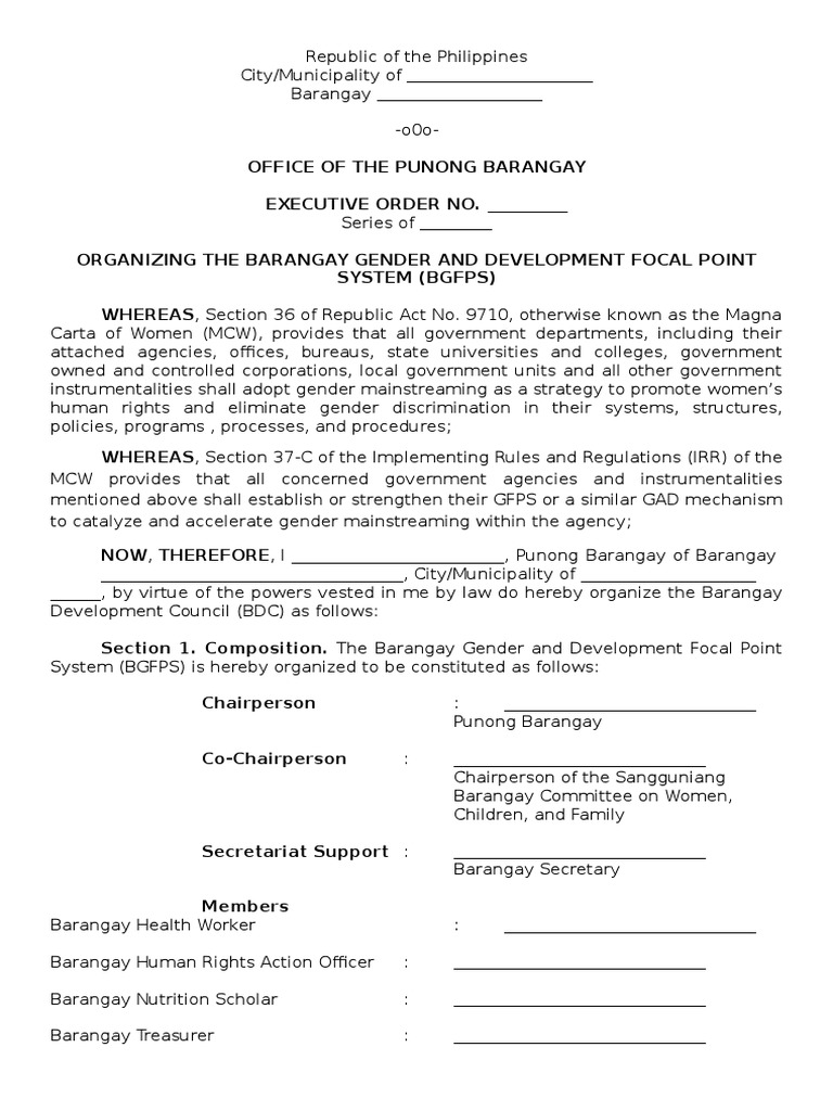 Barangay Gender and Development Focal Point System (BGFPS) | PDF ...