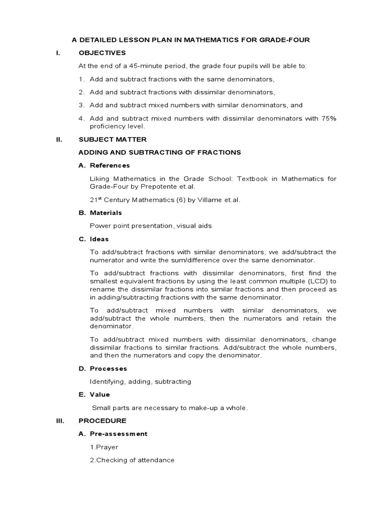 A Detailed Lesson Plan in Mathematics For Grade-Four I. Objectives ...