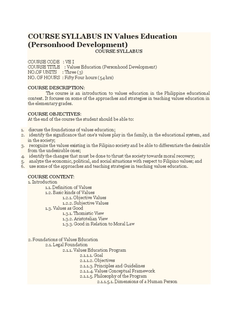 COURSE SYLLABUS IN Values Education | PDF | Value (Ethics) | Thomism COURSE SYLLABUS IN Values Education | PDF | Value (Ethics) | Thomism