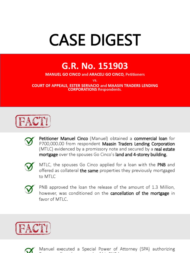 Case Digest: G.R. No. 151903 | PDF | Loans | Mortgage Loan