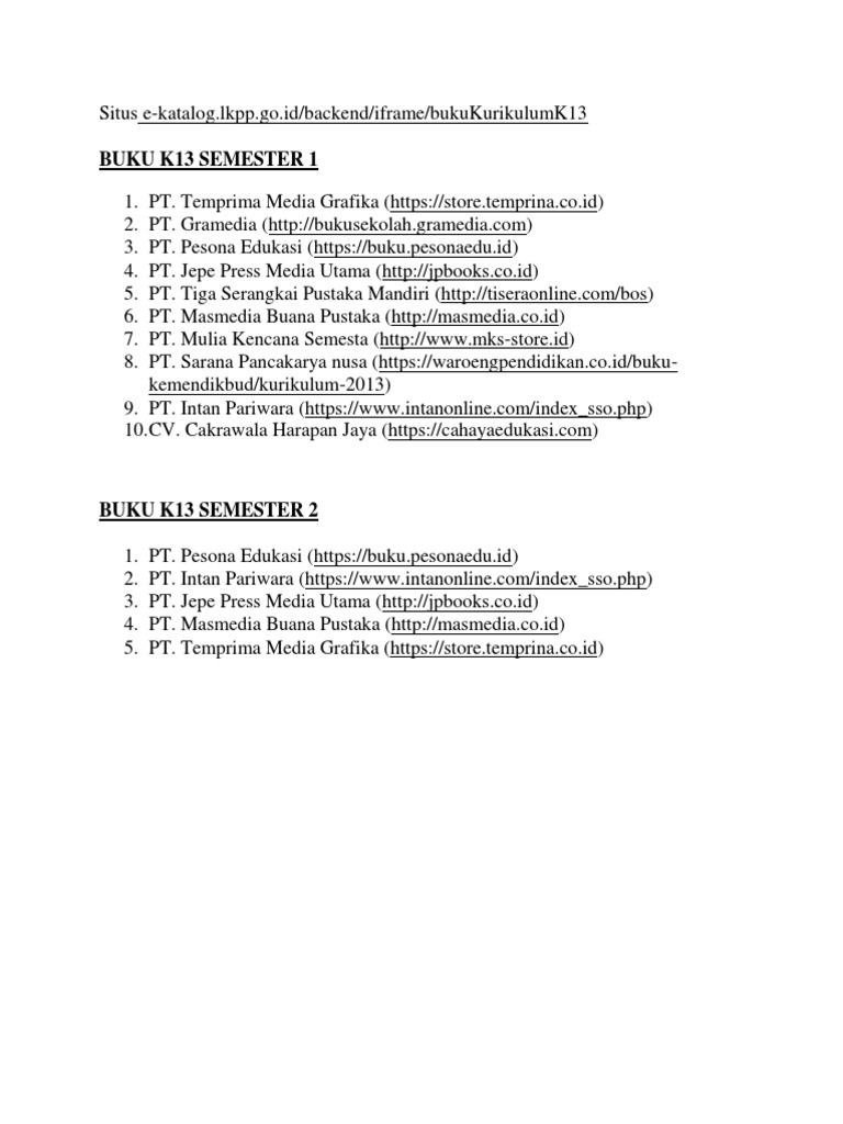 Daftar Penerbit Buku K13 | PDF