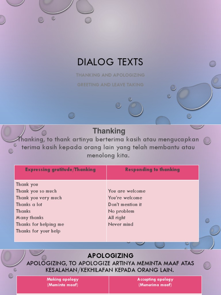 Dialog Texts: Thanking and Apologizing Greeting and Leave Taking | PDF