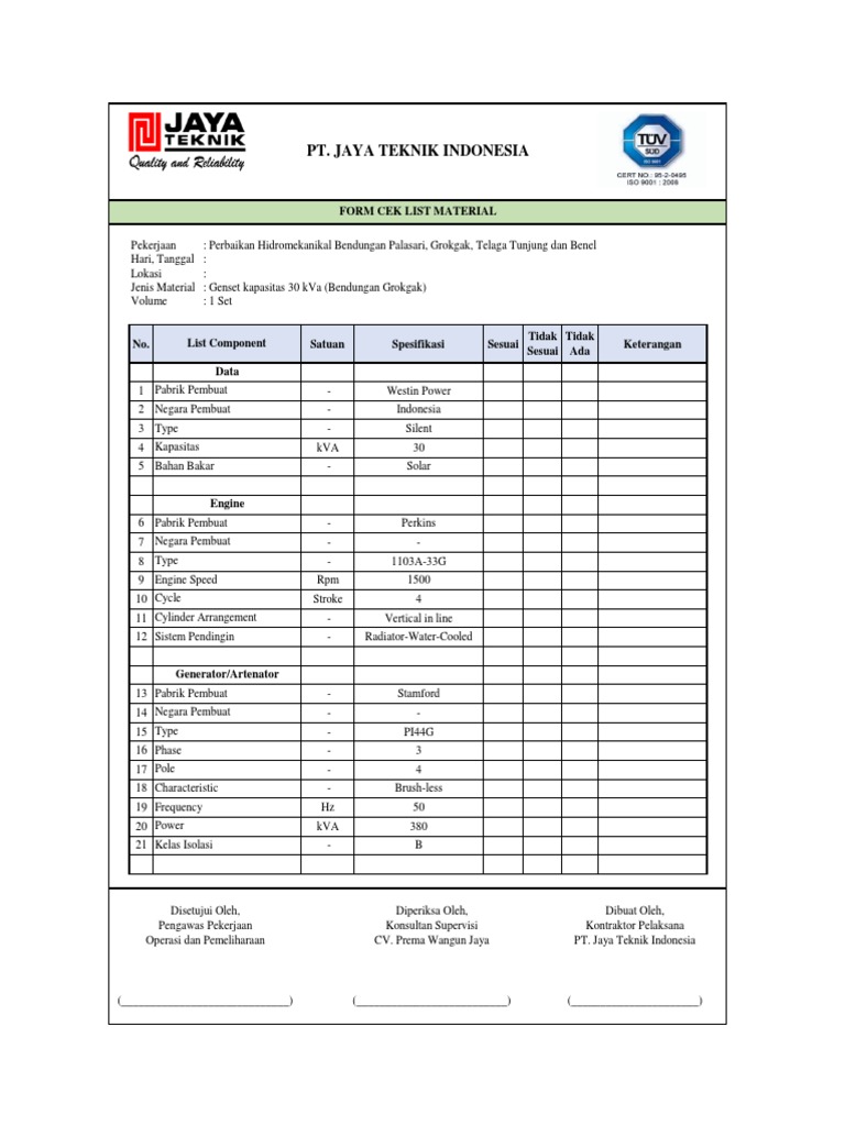 Form Cek List Genset 30 Kva PDF | PDF