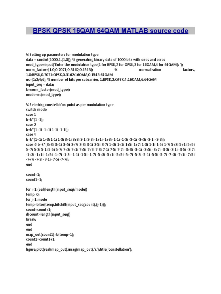 Bpsk Qpsk 16qam 64qam Matlab Source Code Pdf