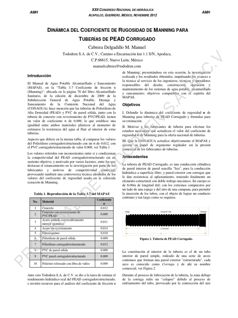 Coeficiente De Rugosidad De Manning Para Tuberías De Paread Corrugado