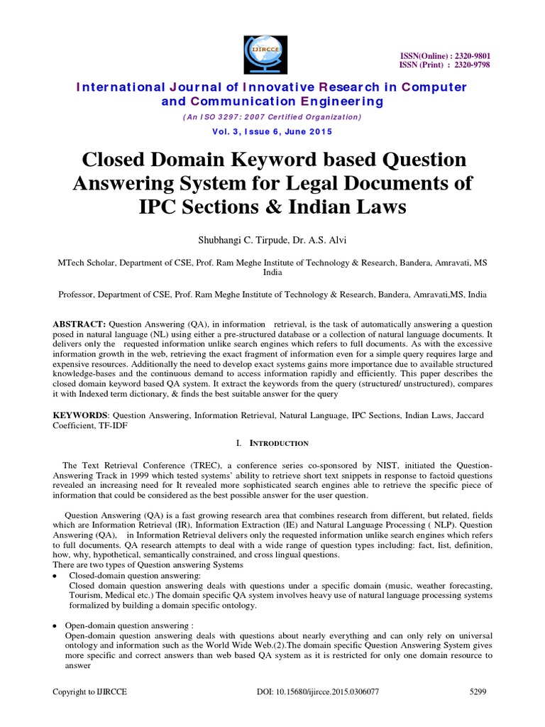 Closed Domain Keyword Based Question Answering System For Legal Documents of IPC Sections ...