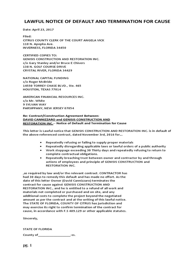 Lawful notice of default