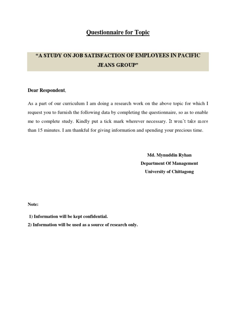 Questionnaire For Internship Survey | PDF | Job Satisfaction ...