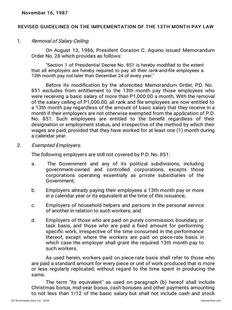 Revised Guidelines On Implementation of 13th Month Pay | PDF | Piece ...