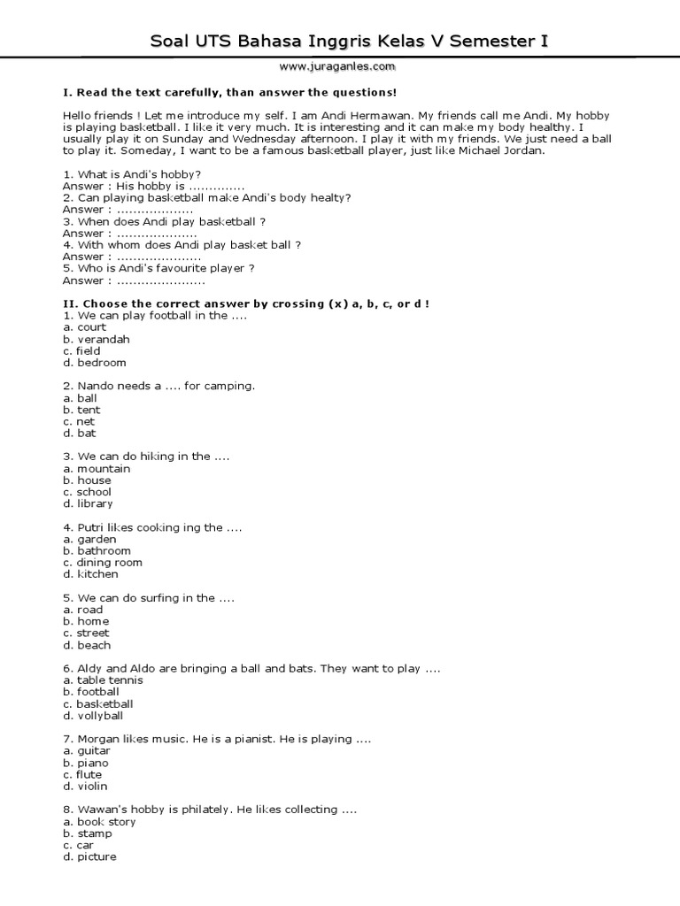 Soal UTS Bahasa Inggris Kelas 5 Semester 1 PDF | PDF | Hobbies | Leisure