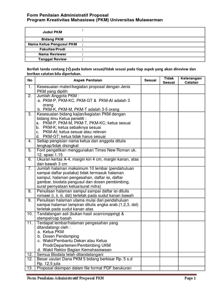Form Review Internal Unmul For PKM 2017 | PDF