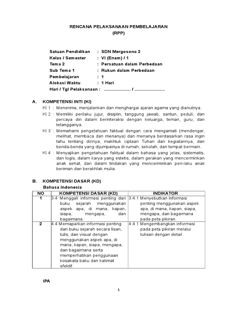 RPP K6 Tema 2 ST 1 Rev. 2018 | PDF | Ilmu Sosial | Seni & Disiplin Bahasa