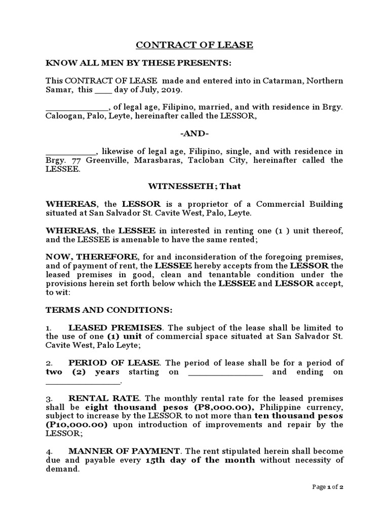 Contract of Lease Sample | PDF | Lease | Common Law
