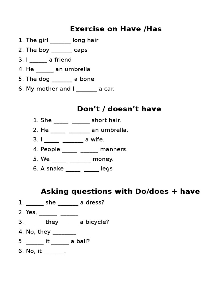 Exercises on Have and Has Usage | PDF | Self-Improvement