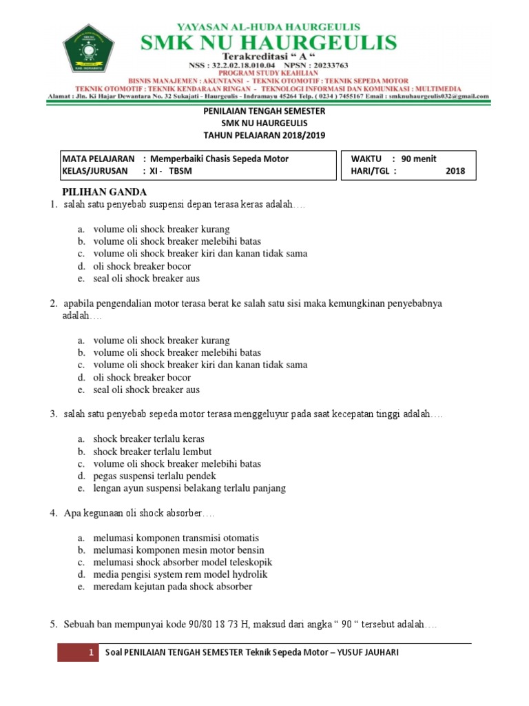 Soal Pemeliharaan Sasis Sepeda Motor | PDF | Bisnis | Teknologi & Rekayasa