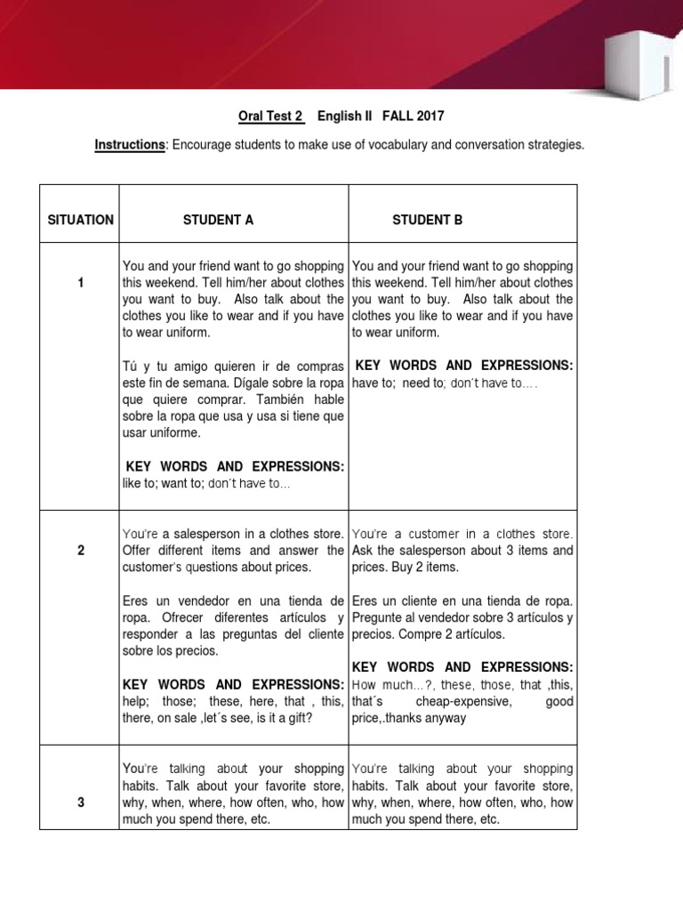 Oral Test 2 English II FALL 2017 Instructions: Encourage Students To ...