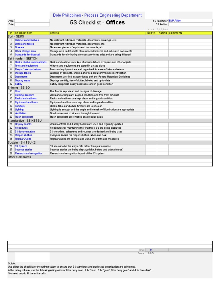 5S Checklist | PDF | Cabinetry | Desk