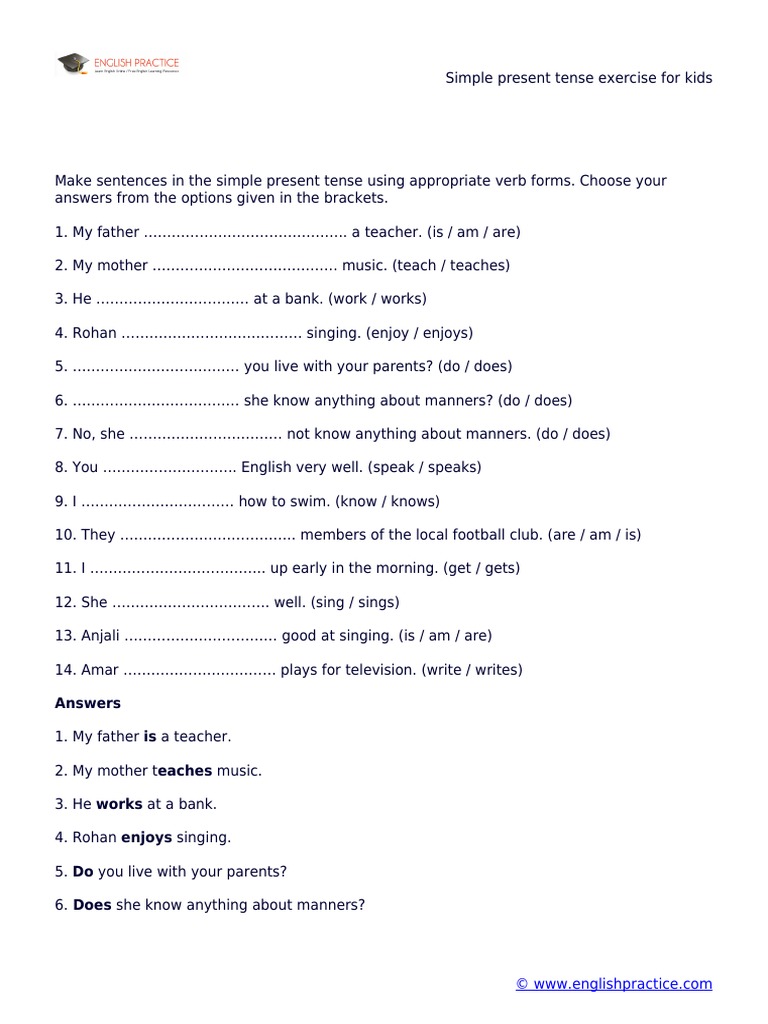 Simple Present Tense Exercise For Kids | PDF | Morphology | Linguistics