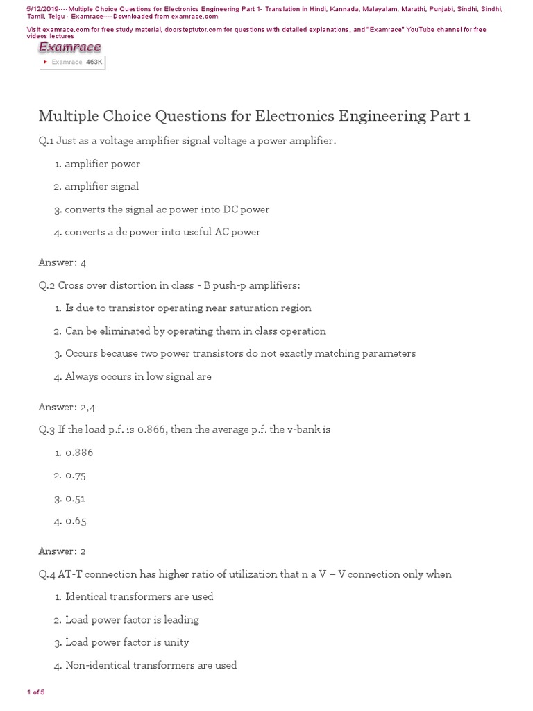 Multiple Choice Questions For Electronics Engineering Part 1 | PDF | Rectifier | Amplifier