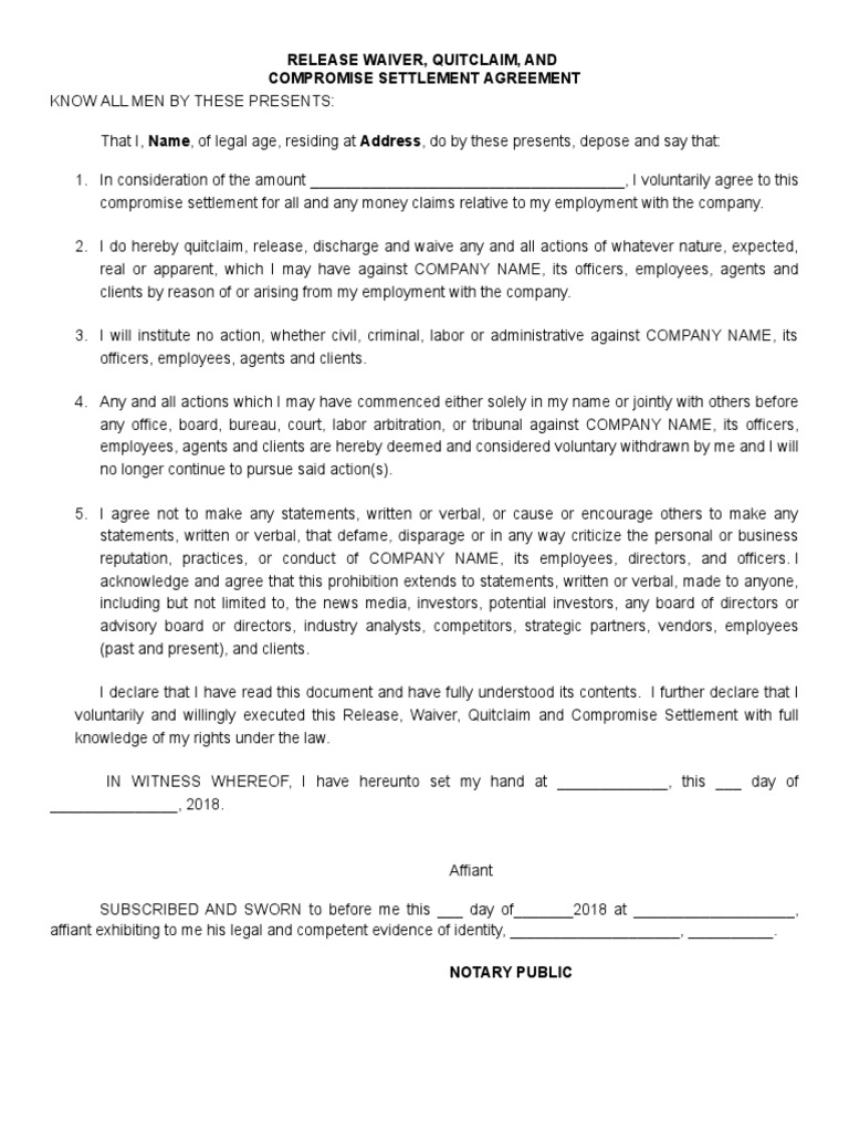 Release Waiver, Quitclaim, and Compromise Settlement Agreement ...
