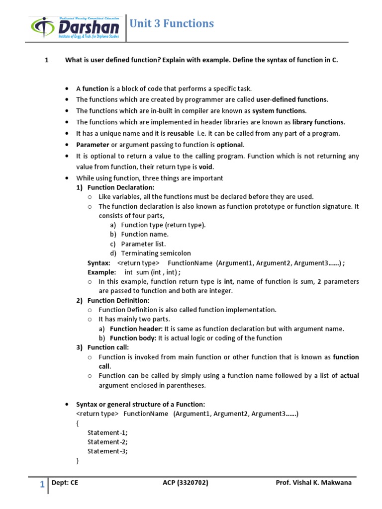 User-Defined Functions in C Explained | PDF | Parameter (Computer ...