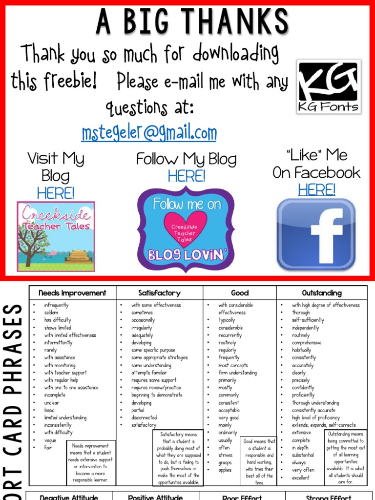 Report Card Phrases 2014 CREEKSIDETEACHERTALES PDF | PDF | Behavioural ...